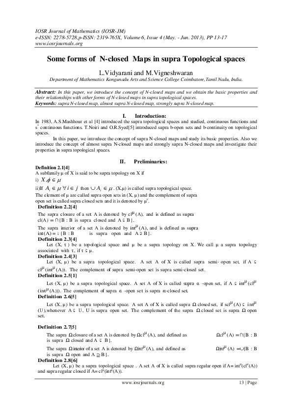 Pdf Some Forms Of N Closed Maps In Supra Topological Spaces