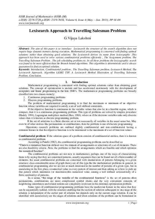 (PDF) Lexisearch Approach to Travelling Salesman Problem