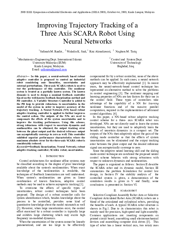 Pdf Improving Trajectory Tracking Of A Three Axis Scara Robot Using Neural Networks