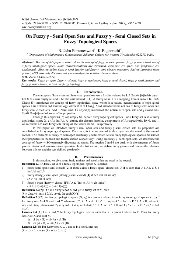 Pdf On Fuzzy Semi Open Sets And Fuzzy Semi Closed Sets In Fuzzy