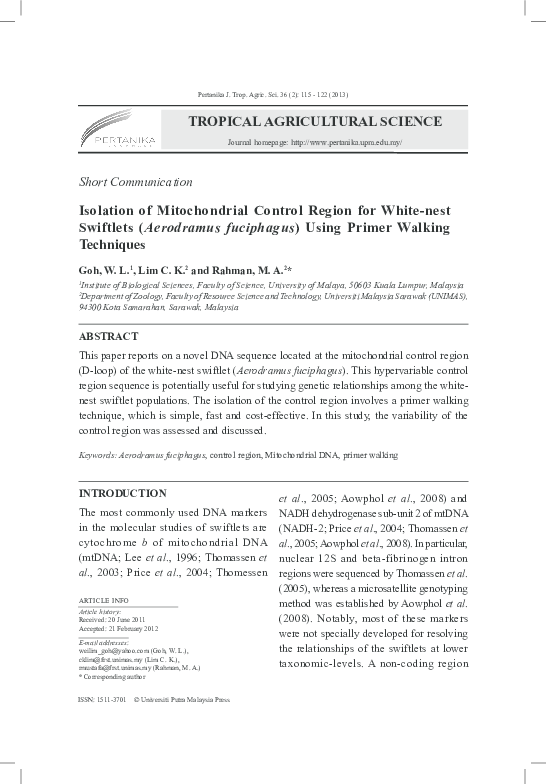 (PDF) Isolation of Mitochondrial Control Region for White-nest Swiftlets (Aerodramus fuciphagus ...