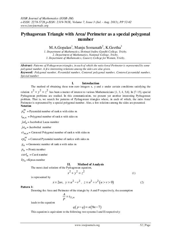 (PDF) Pythagorean Triangle with Area/ Perimeter as a special polygonal ...