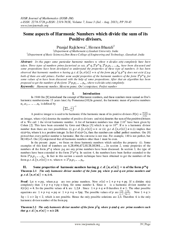 (PDF) Some aspects of Harmonic Numbers which divide the sum of its Positive divisors