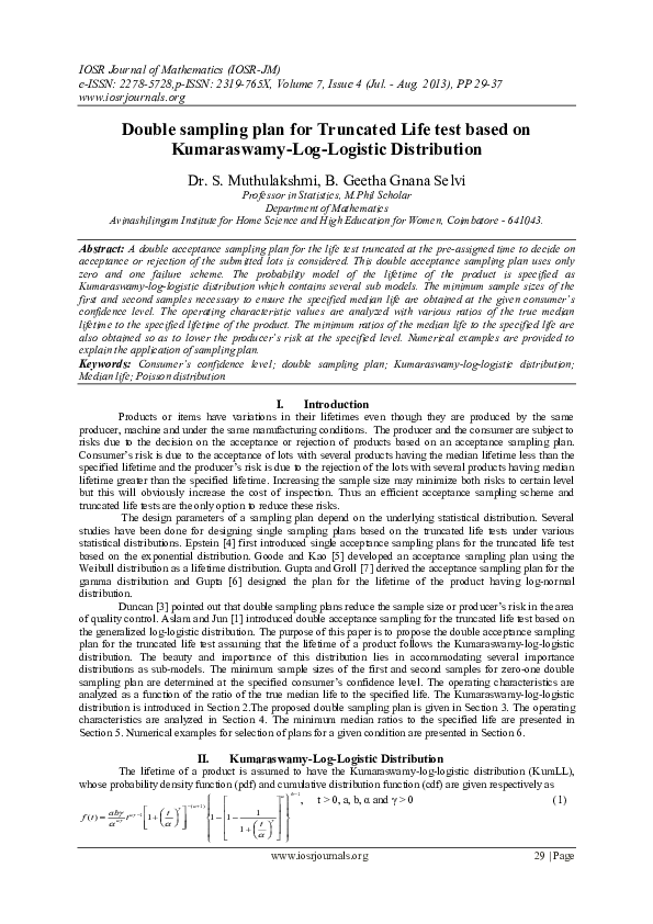 (PDF) Double sampling plan for Truncated Life test based on Kumaraswamy ...