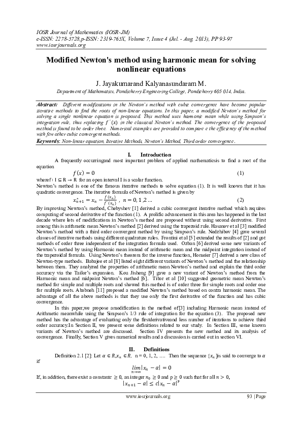 (PDF) Modified Newton's method using harmonic mean for solving nonlinear equations