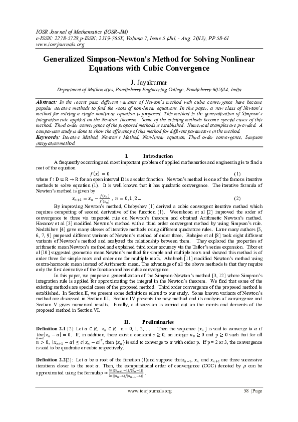 (PDF) Generalized Simpson-Newton's Method for Solving Nonlinear Equations with Cubic Convergence