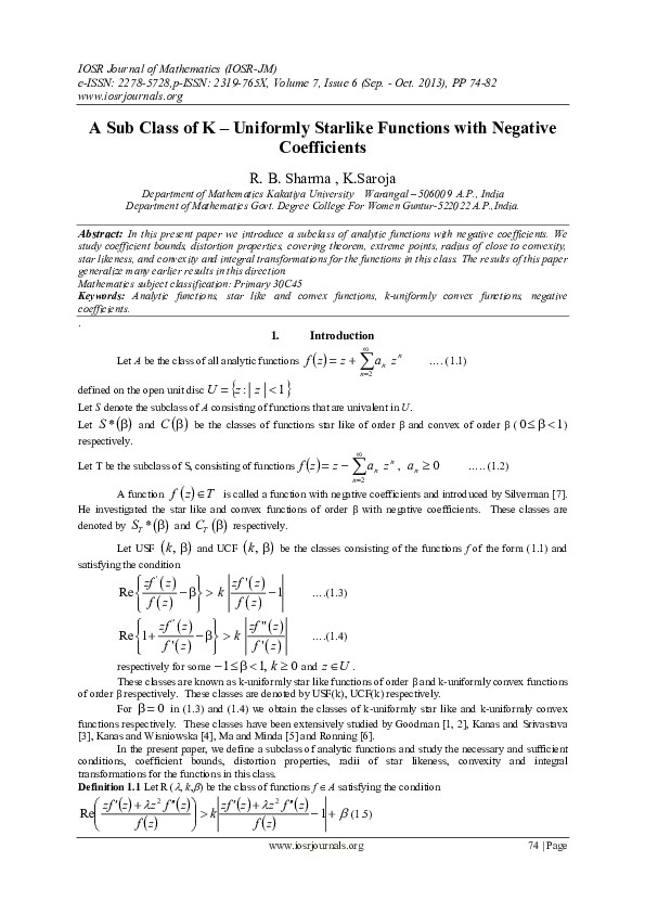 Pdf A Sub Class Of K Uniformly Starlike Functions With Negative