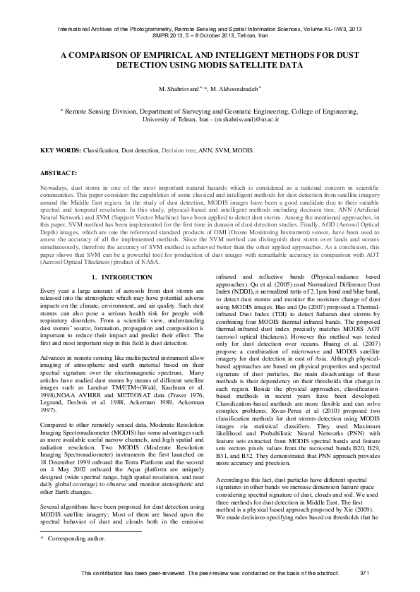Pdf A Comparison Of Empirical And Inteligent Methods For Dust Detection Using Modis Satellite Data