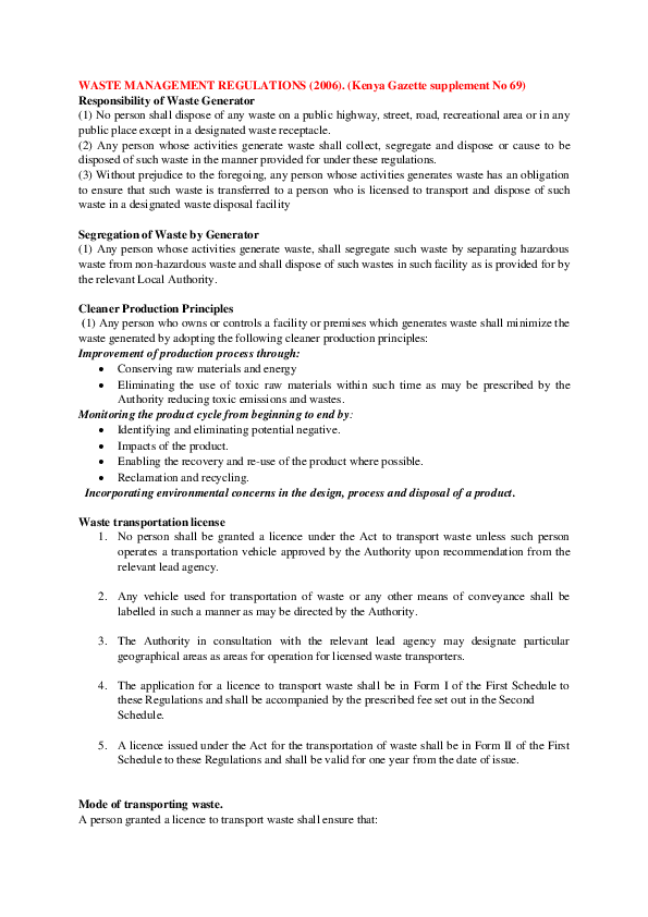 (DOC) Waste Management Regulations and Requirements summary