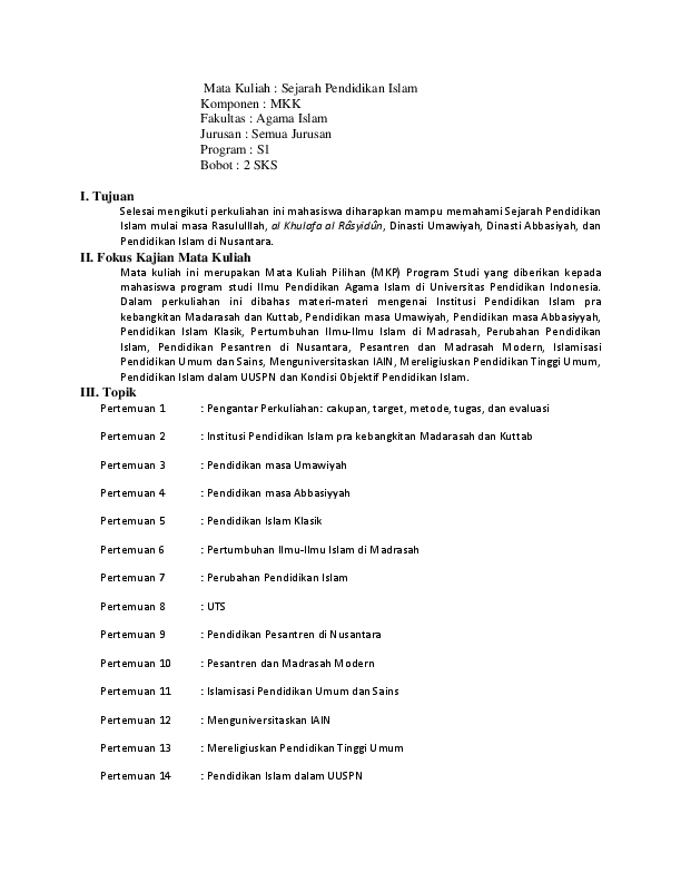 (DOC) Sejarah Pendidikan Islam Silabus