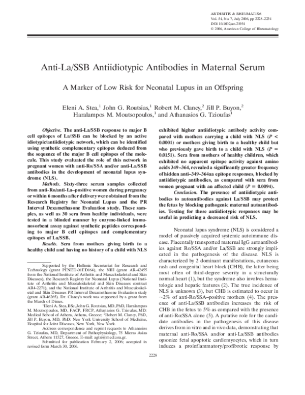 (PDF) Anti-La/SSB Antiidiotypic Antibodies in Maternal Serum A Marker ...