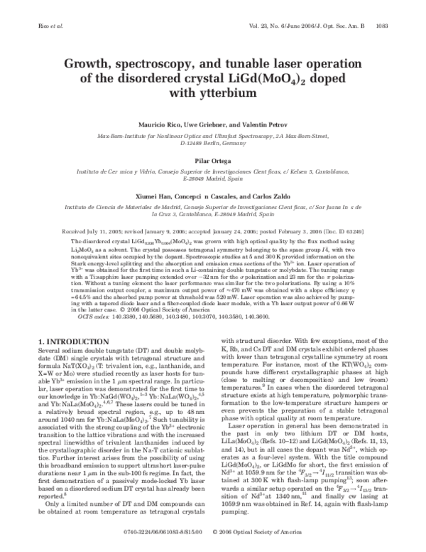 (PDF) Growth, spectroscopy, and tunable laser operation of the disordered crystal LiGd(MoO4)2 ...