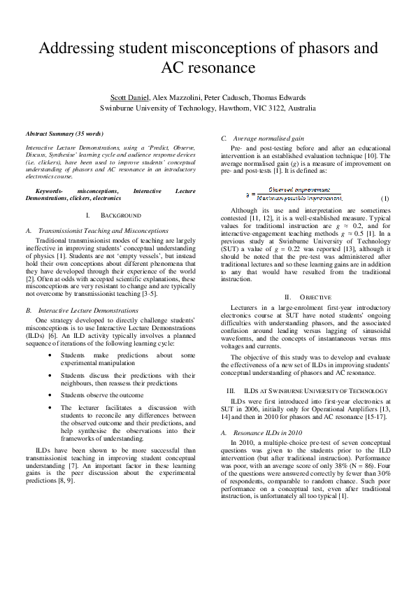 (PDF) Addressing student misconceptions of phasors and AC resonance