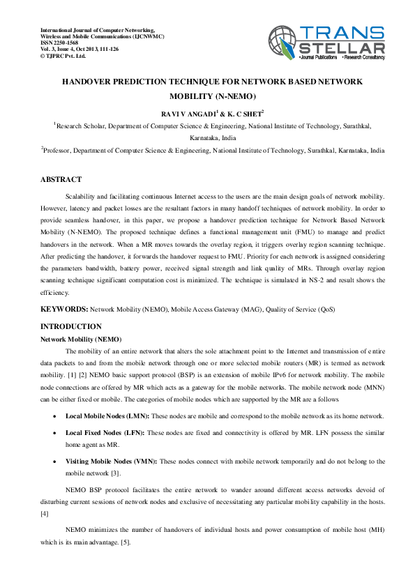 (PDF) Handover Prediction Technique for Network Based Network Mobility (N-NEMO)