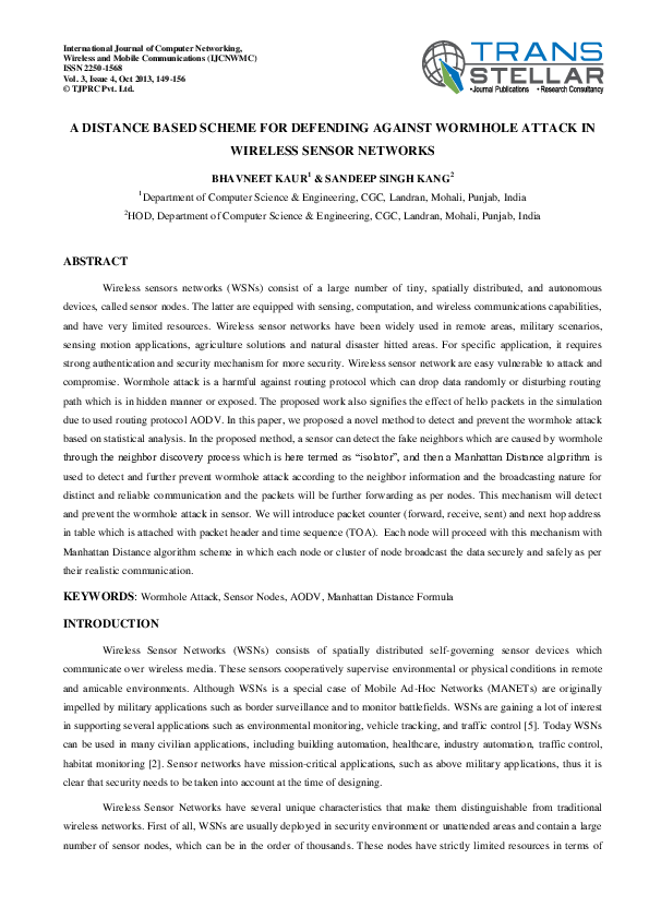Pdf A Distance Based Scheme For Defending Against Wormhole Attack In Wireless Sensor Networks