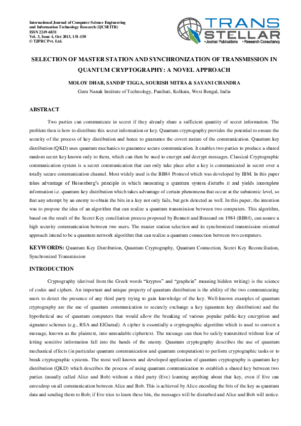 Pdf Selection Of Master Station And Synchronization Of Transmission In Quantum Cryptography A