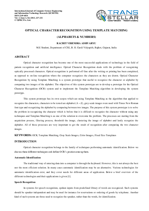 (PDF) Optical Character Recognition Using Template Matching(Alphabets & Numbers)