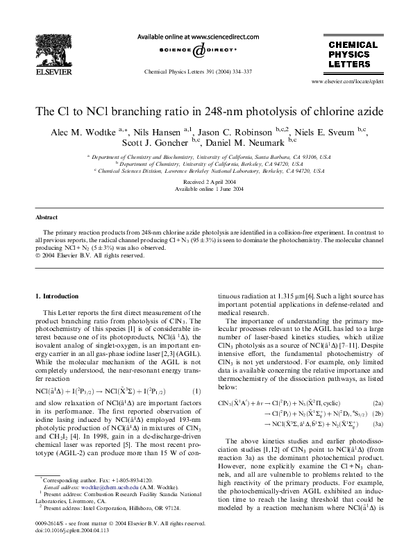 (PDF) The Cl to NCl branching ratio in 248-nm photolysis of chlorine azide