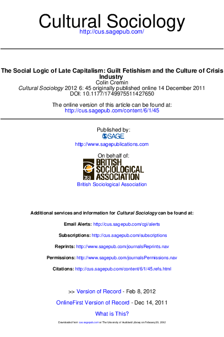 (PDF) CREMIN, C. ‘The Social Logic of Late Capitalism: Guilt Fetishism ...