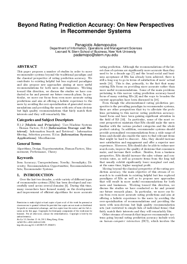 (PDF) Beyond Rating Prediction Accuracy: On New Perspectives in Recommender Systems