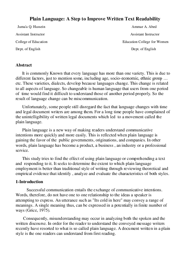 (DOC) Plain Language: A step to improve Written Text Readability