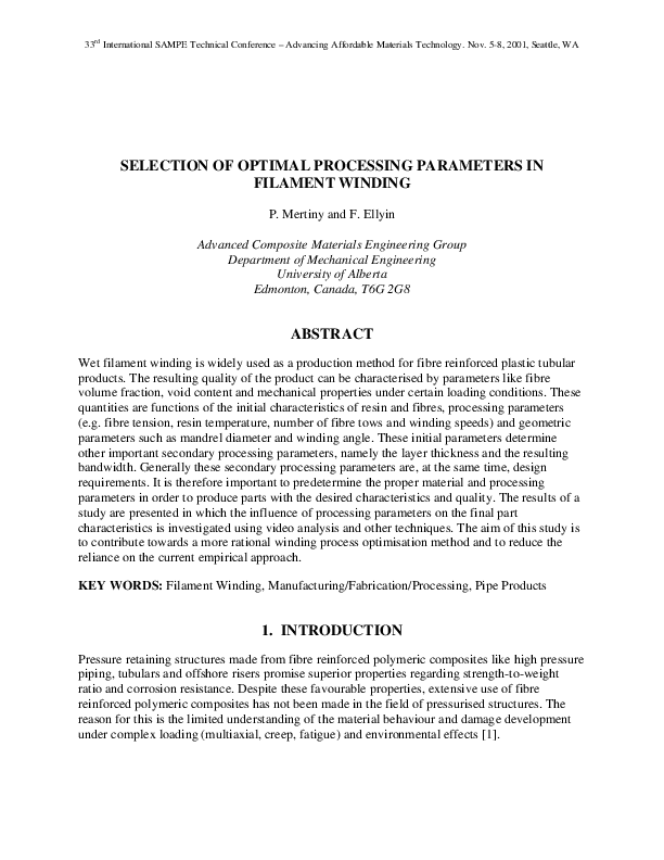 SELECTION OF OPTIMAL PROCESSING PARAMETERS IN FILAMENT WINDING