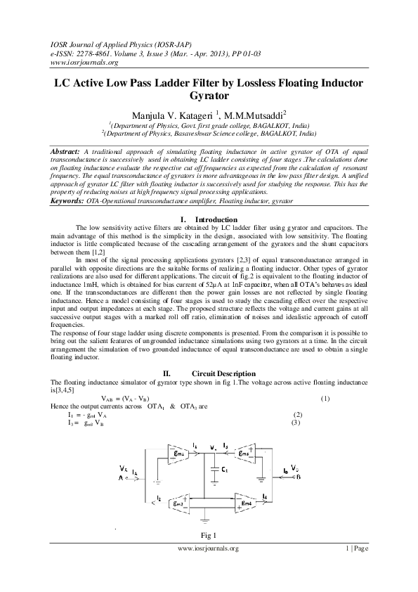 (PDF) LC Active Low Pass Ladder Filter by Lossless Floating Inductor ...