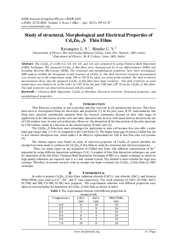 (PDF) Study of structural, Morphological and Electrical Properties of Cd x Zn 1-x S Thin Films