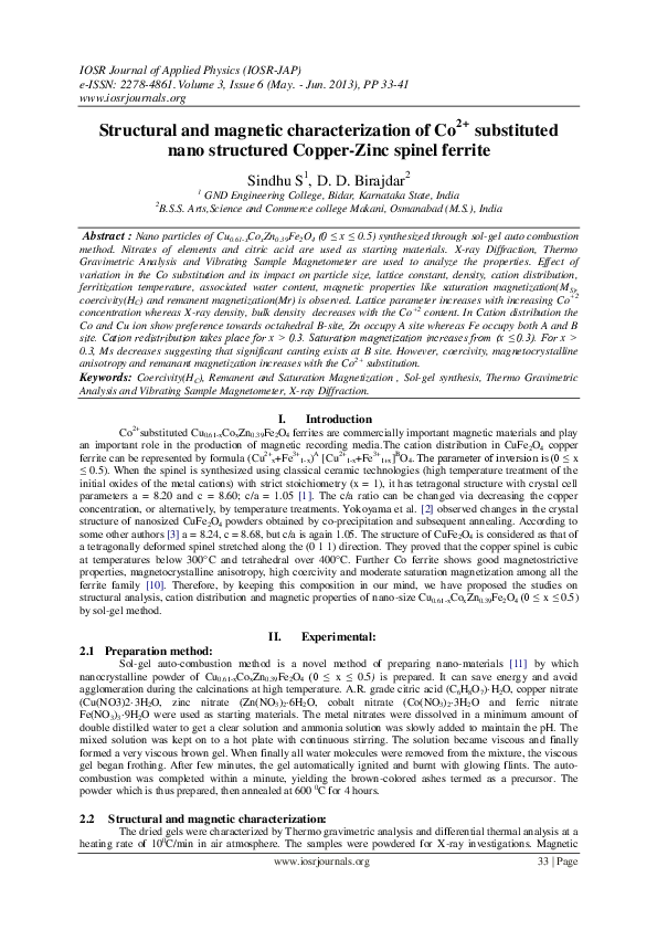 (PDF) Structural and magnetic characterization of Co 2+ substituted nano structured Copper-Zinc ...
