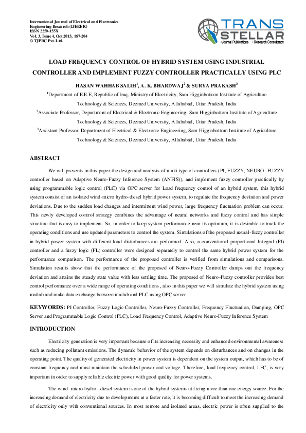 Pdf Load Frequency Control Of Hybrid System Using Industrial Controller And Implement Fuzzy