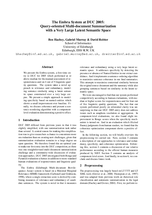 (PDF) The Embra System at DUC 2005: Query-oriented Multi-document Summarization with a Very ...