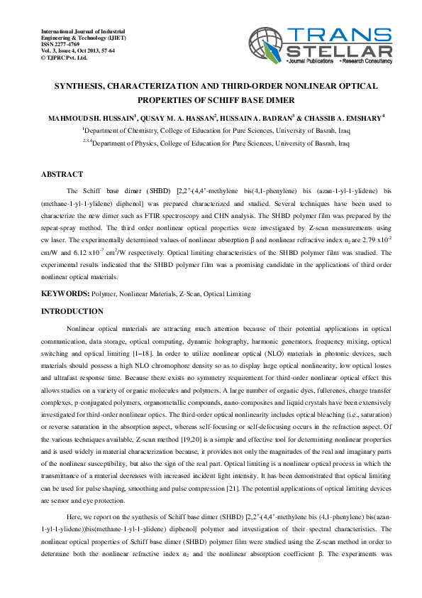 (PDF) Synthesis, Characterization and Third-Order Nonlinear Optical Properties of Schiff Base Dimer