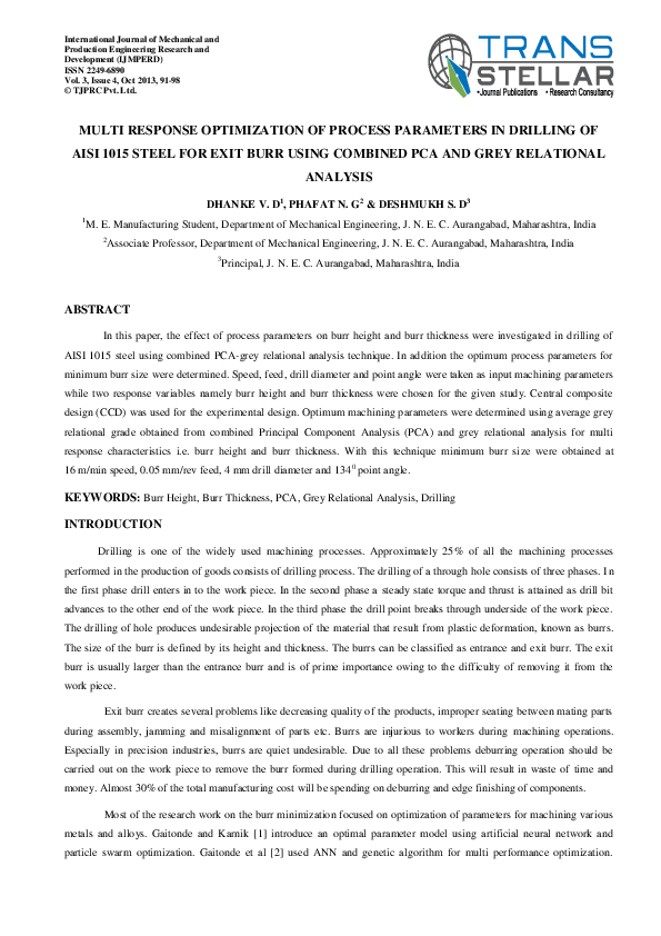 Pdf Multi Response Optimization Of Process Parameters In Drilling Of Aisi 1015 Steel For Exit