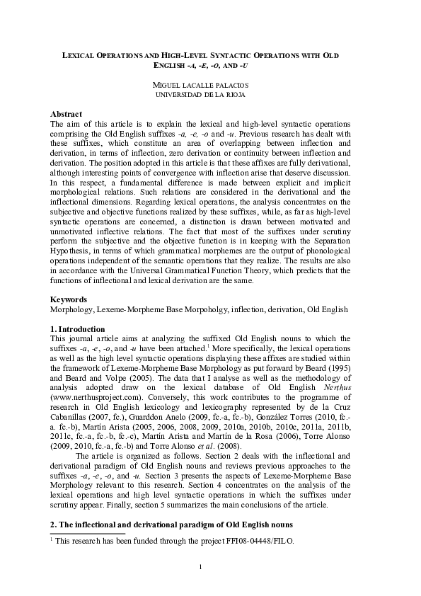 (PDF) Lexical Operations and High-Level Operations with Old English -a -e -o and -u