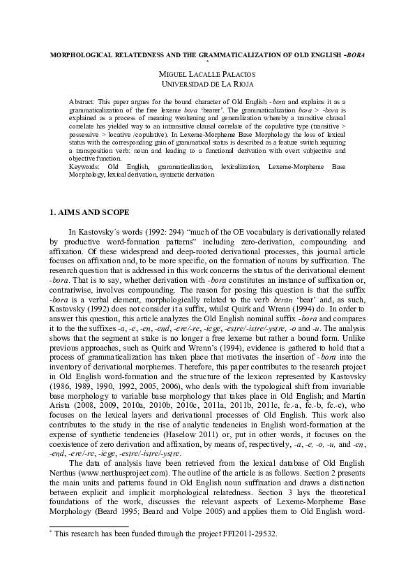 (PDF) Morphological Relatedness and the Grammaticalization of Old English -bora