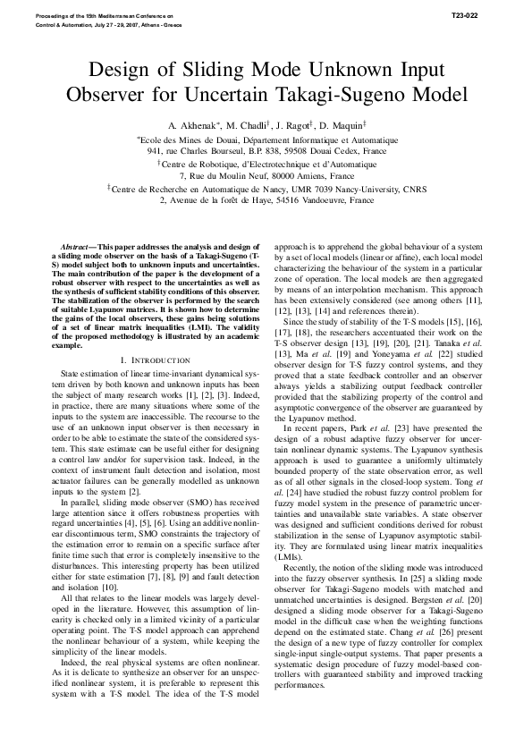 (PDF) Design of sliding mode unknown input observer for uncertain Takagi-Sugeno model