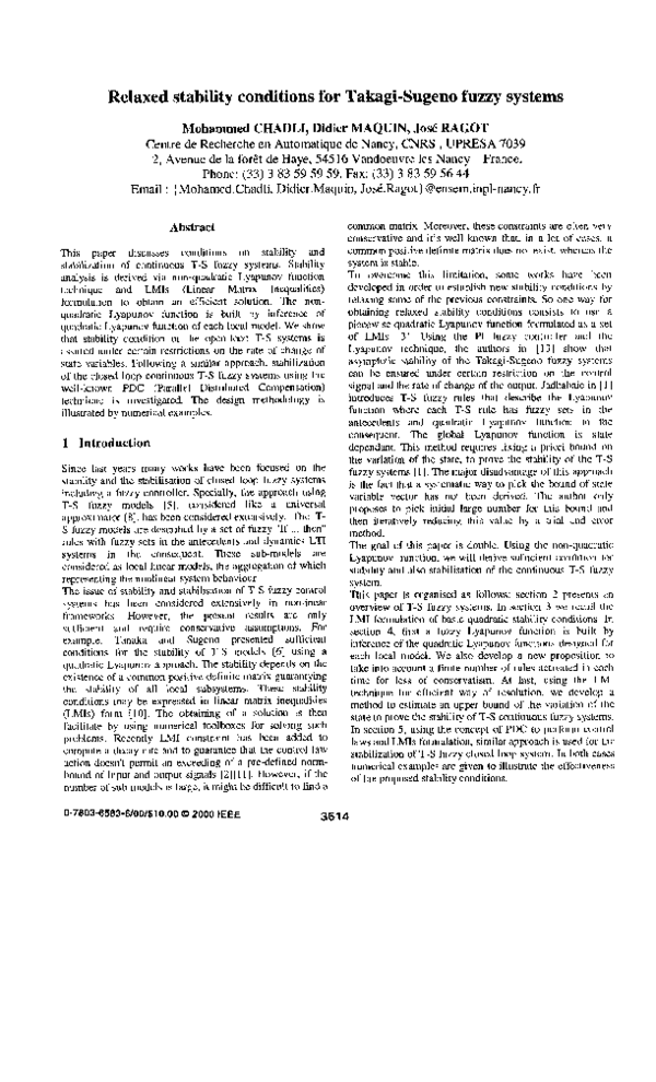 (PDF) Relaxed stability conditions for Takagi-Sugeno fuzzy systems