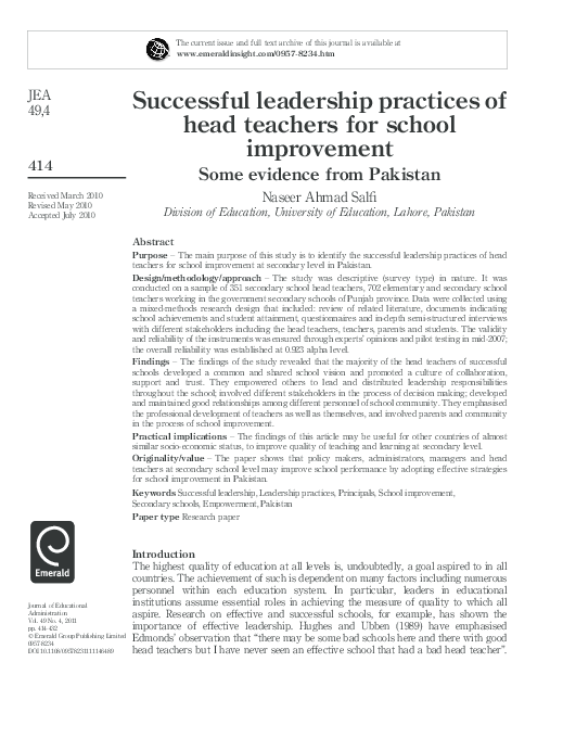 (PDF) Successful leadership practices of head teachers for school ...