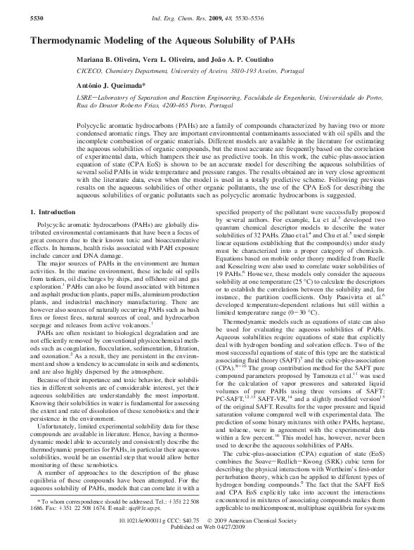 (PDF) Thermodynamic Modeling of the Aqueous Solubility of PAHs