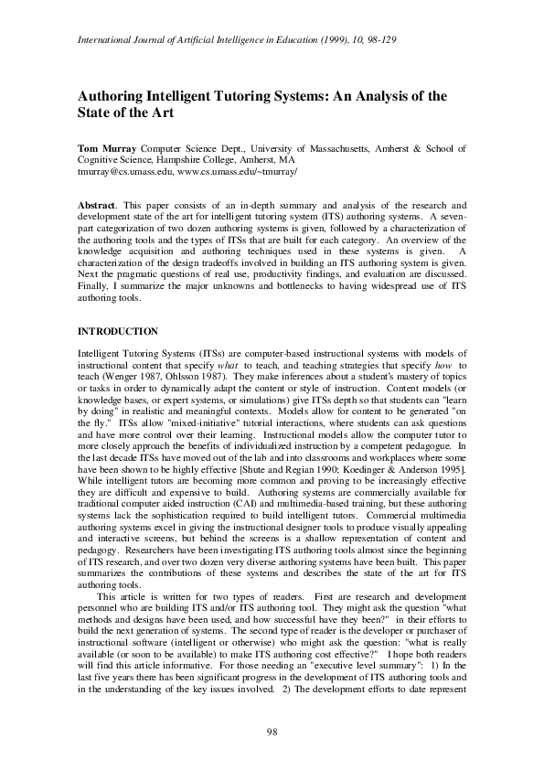(PDF) Authoring Intelligent Tutoring Systems: An Analysis of the State of the Art
