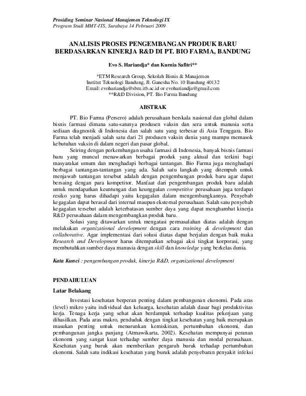 (PDF) ANALISIS PROSES PENGEMBANGAN PRODUK BARU BERDASARKAN KINERJA R&D DI PT. BIO FARMA, BANDUNG