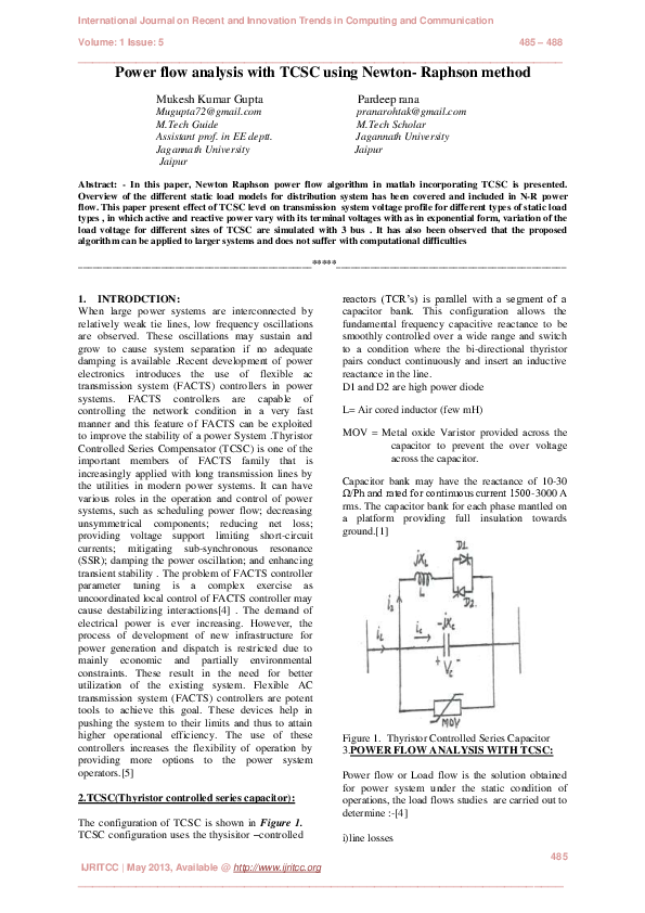 (PDF) Power flow analysis with TCSC using Newton- Raphson method