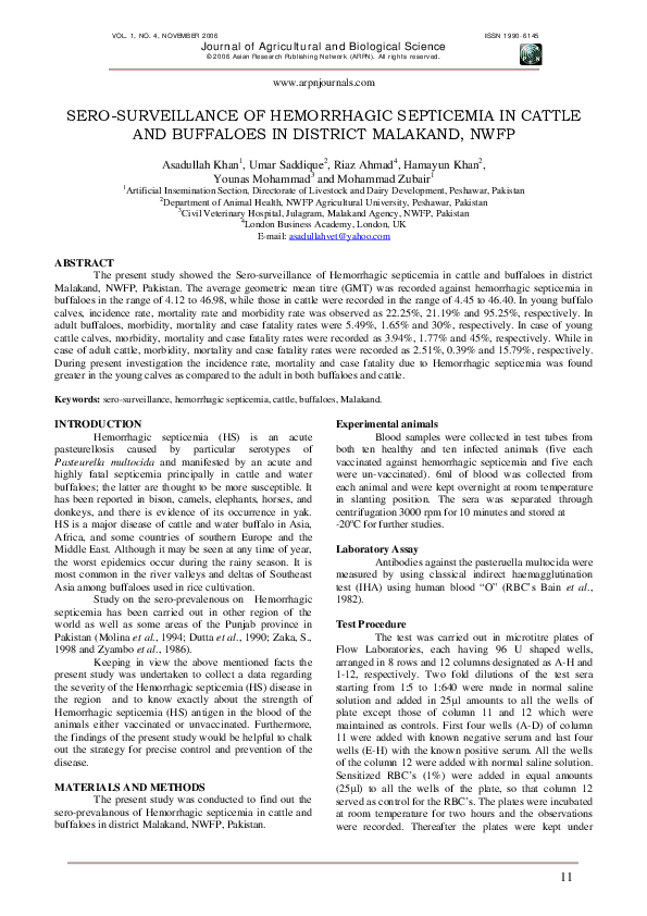 (PDF) SERO-SURVEILLANCE OF HEMORRHAGIC SEPTICEMIA IN CATTLE AND ...