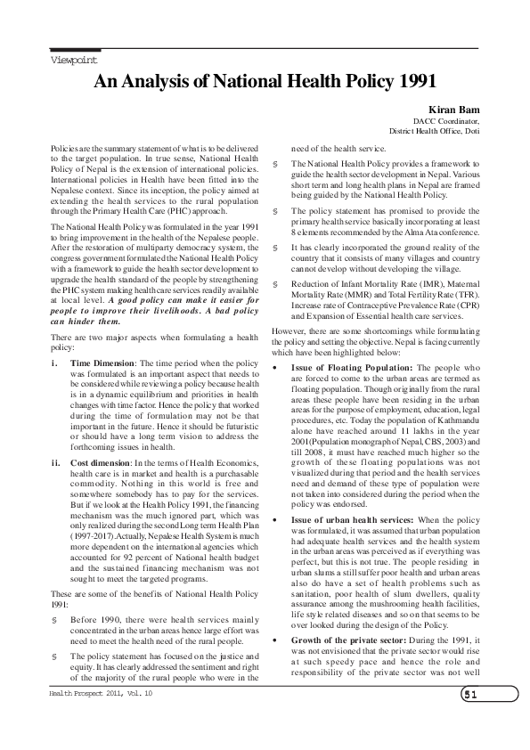 (PDF) An Analysis of National Health Policy 1991