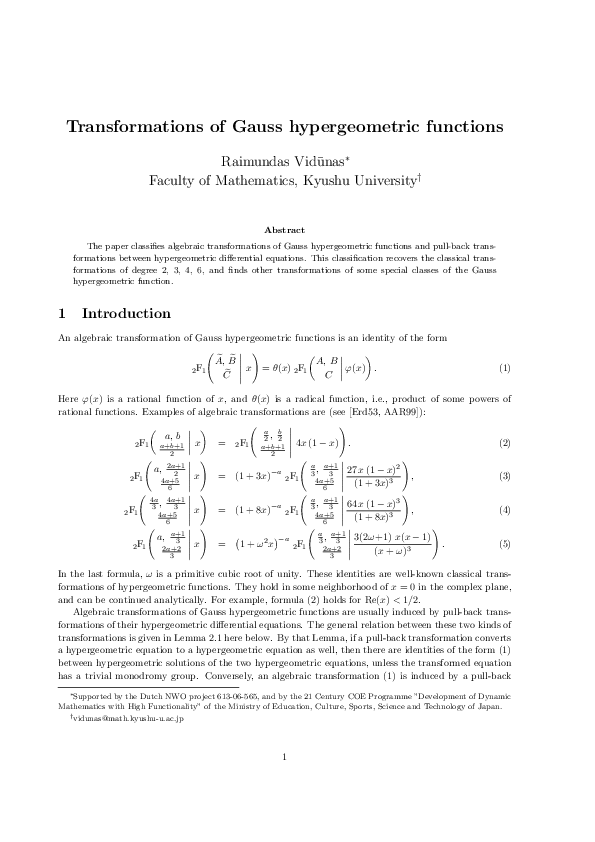 Pdf Transformations Of Gauss Hypergeometric Functions