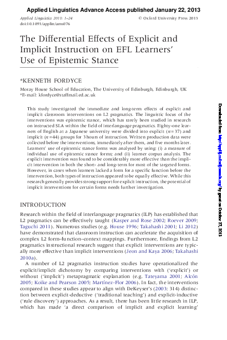 Pdf The Differential Effects Of Explicit And Implicit Instruction On Efl Learners Use Of