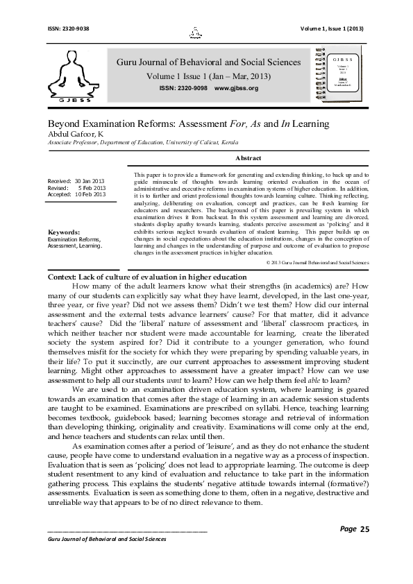 (PDF) Beyond Examination Reforms: Assessment For, As and In Learning