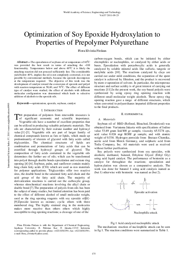 Optimization of Soy Epoxide Hydroxylation to Properties of Prepolymer ...