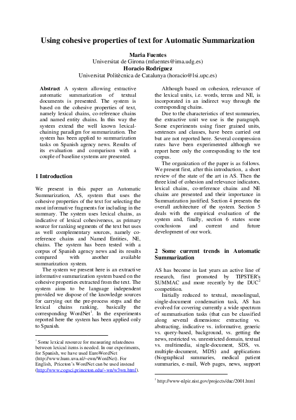 (PDF) Using cohesive properties of text for Automatic Summarization