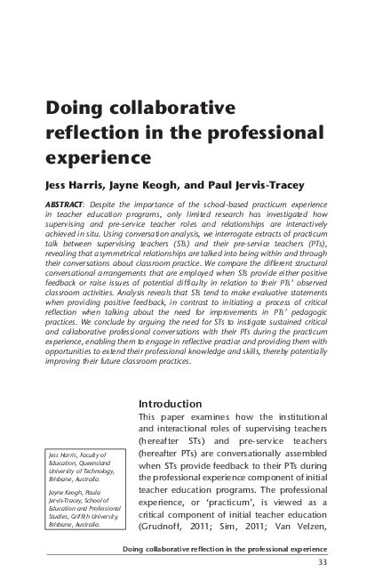 (PDF) Doing collaborative reflection in the Professional Experience